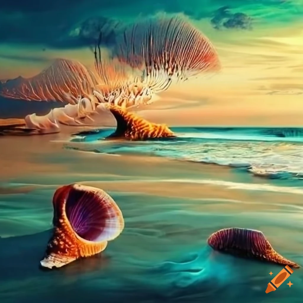 Rivage with surreal hills and beach, glassy surreal shells, waves ...