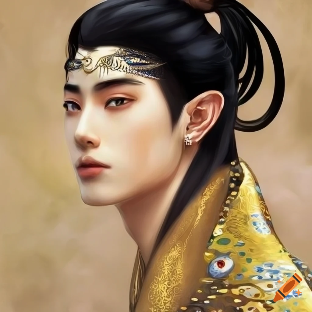 Gustav Klimt inspired poster of a young male elven Asian prince in a ...