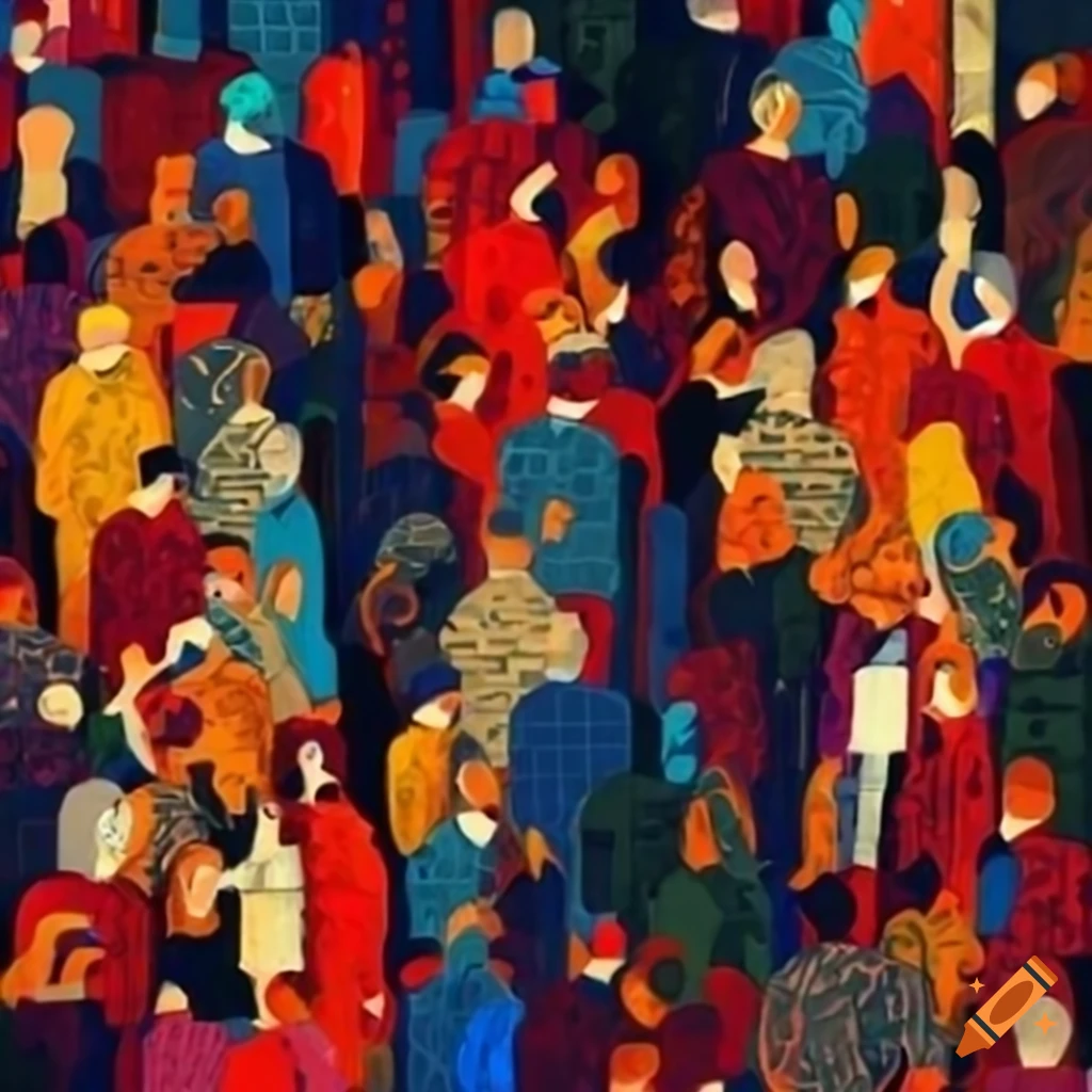 Abstract mosaic painting of people in a maze on Craiyon