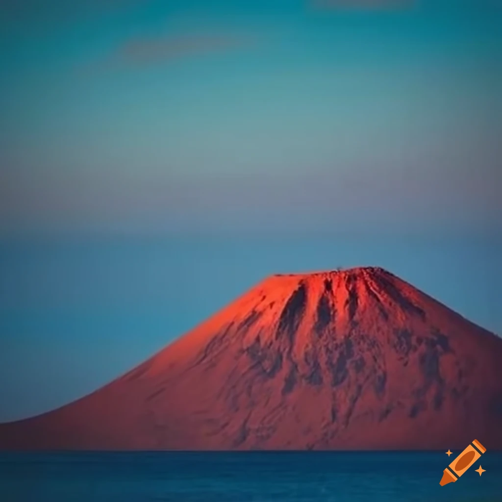 Red rocky volcano emerging from a vast ocean on Craiyon