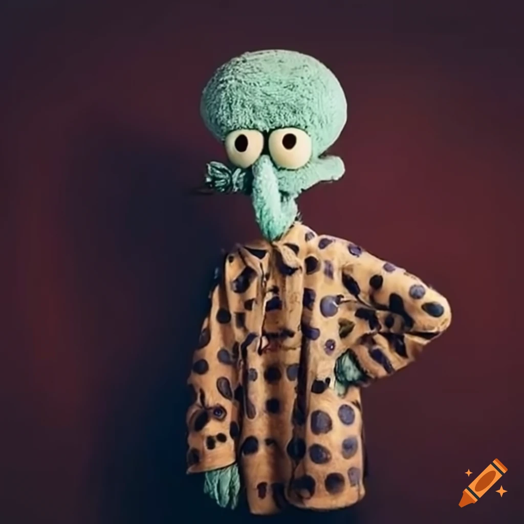 Squidward as a crusty muppet covered in cheetoh dust on Craiyon