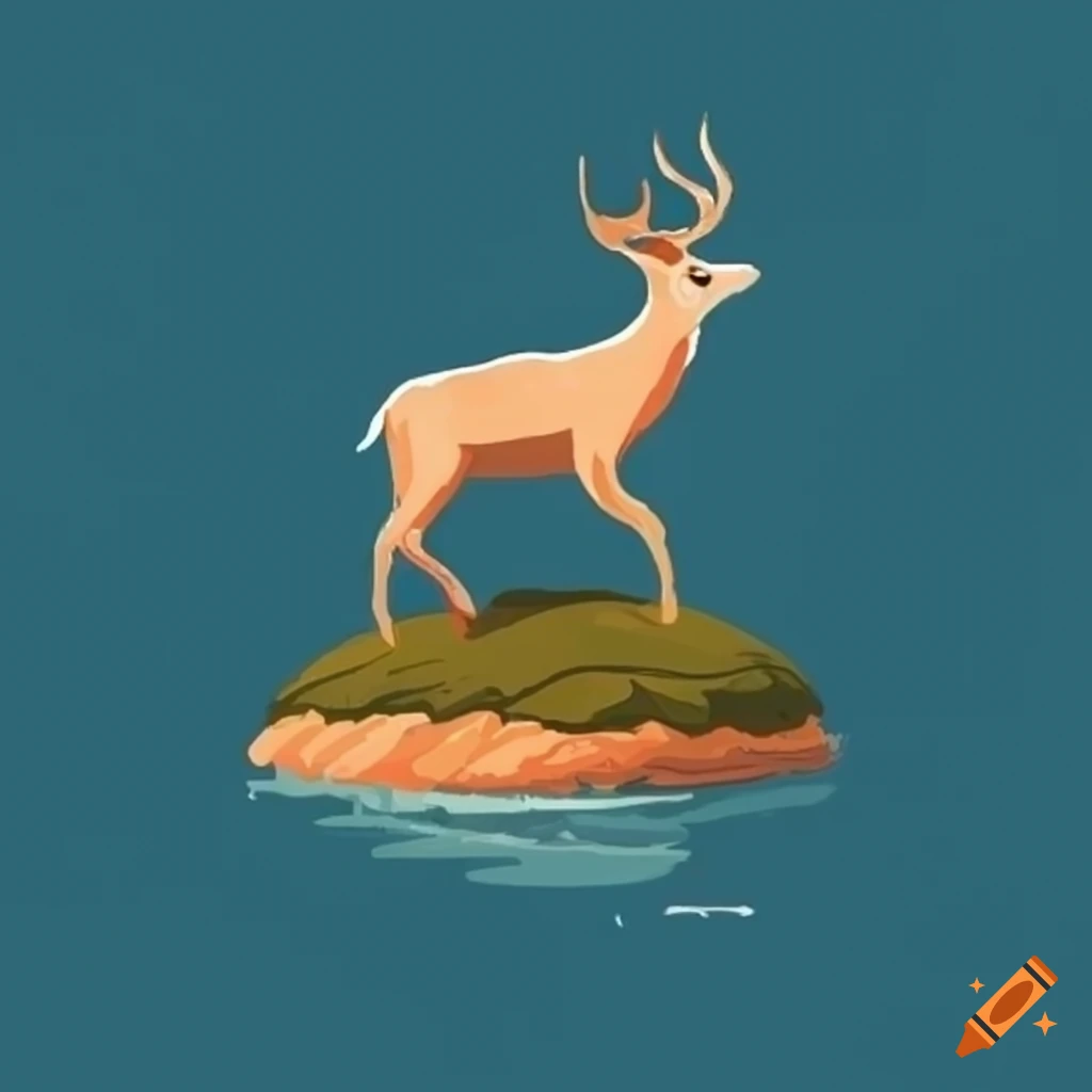 Simple one color logo with a buck on an island in the distance on Craiyon