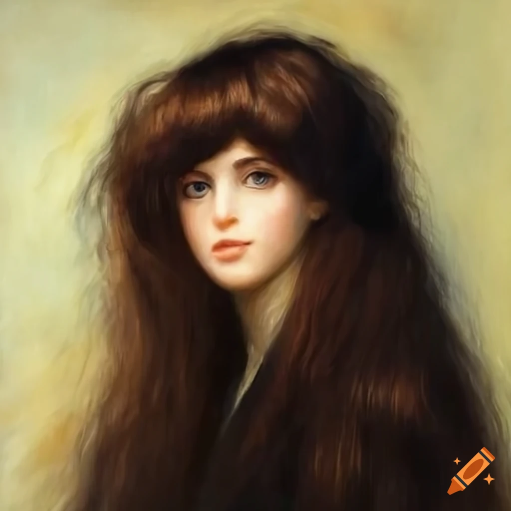 Woman with long fluffy hair in the style of renoir on Craiyon