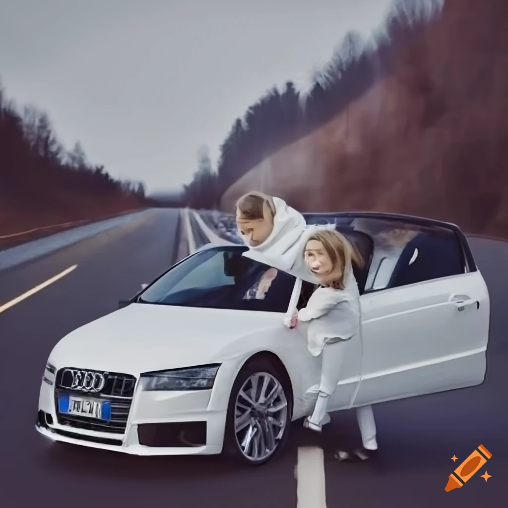 Disney Pixar movie poster featuring boy and girl in white hoodies leaning on Audi 7 on Craiyon
