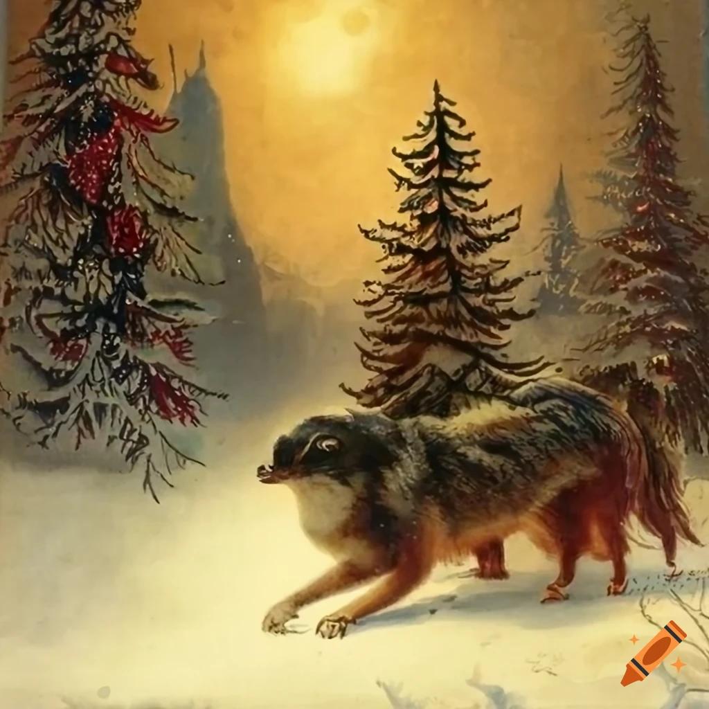 Christmas scene with Father Christmas, bears, and wolves dancing in the ...