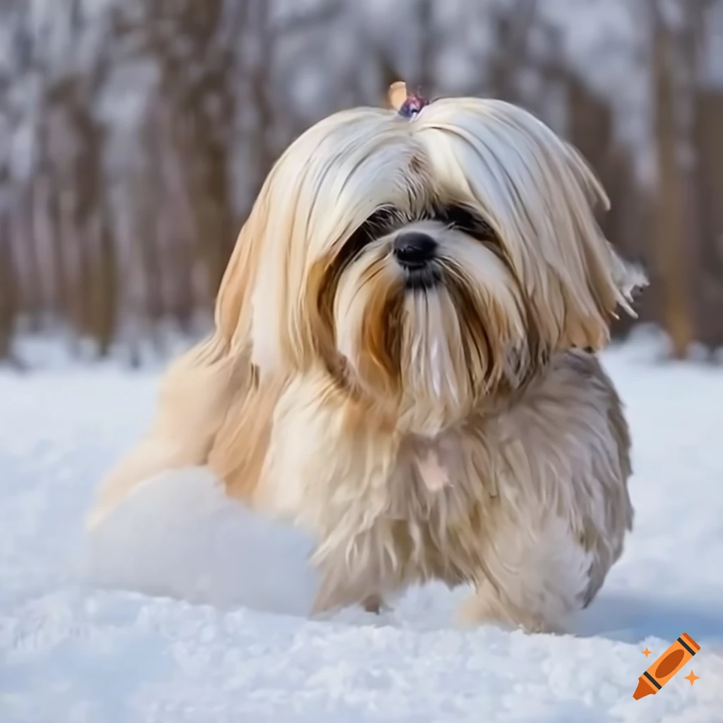 Lhasa apso dog running in the snow during a snowfall on Craiyon
