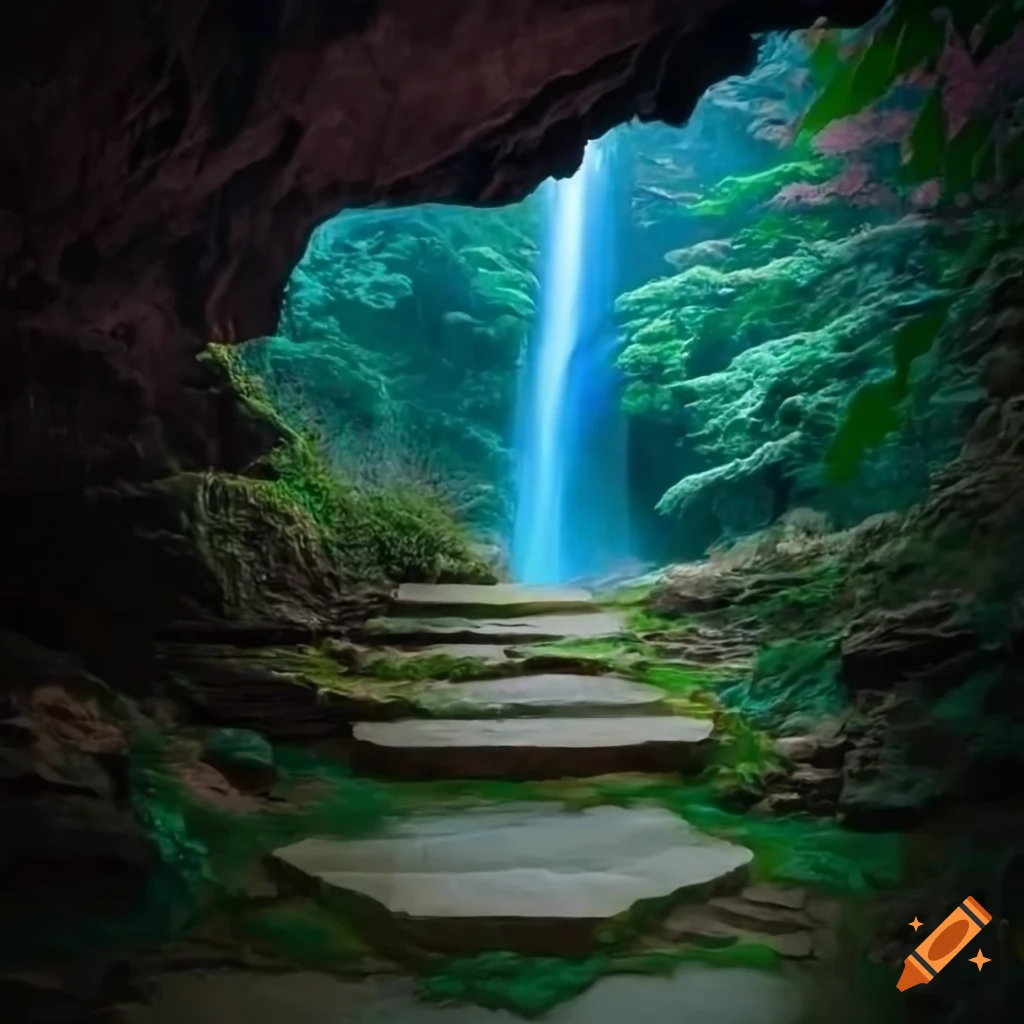 Interior of a cave with steps, cherry tree, and waterfall on Craiyon