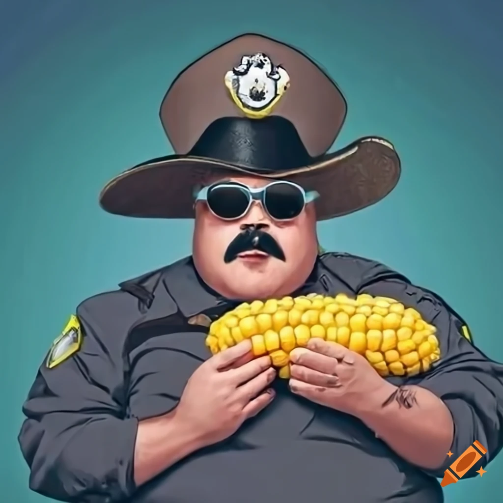 Chubby police officer with mustache and cowboy hat eating corn on the ...