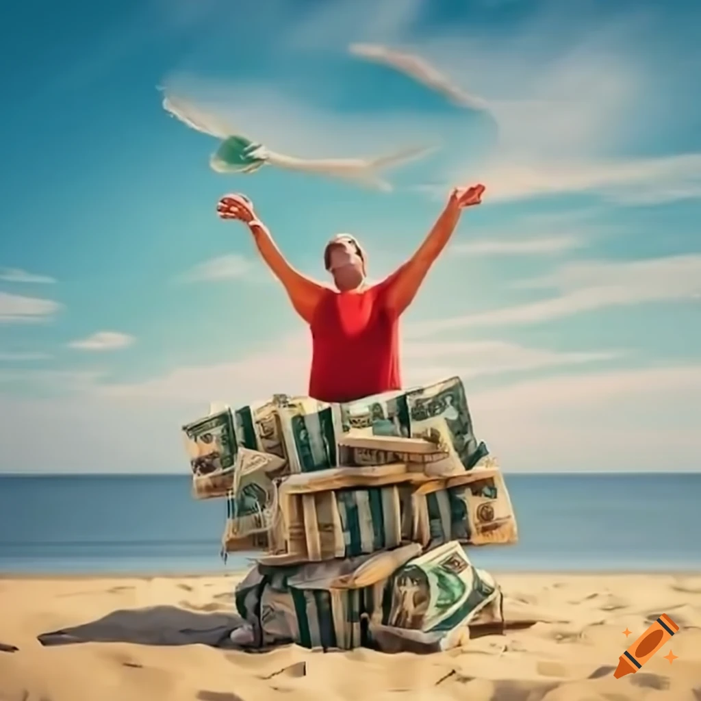 Happy person on a beach with money and throwing bills in the air on Craiyon