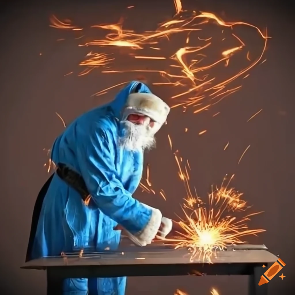 Santa claus in blue suit welding sparks over a welding table on Craiyon