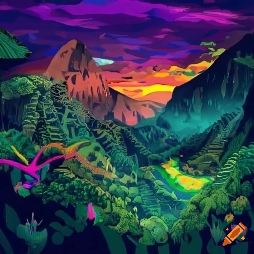 Inca-inspired landscape with rainforest, birds, and machu picchu ruins ...
