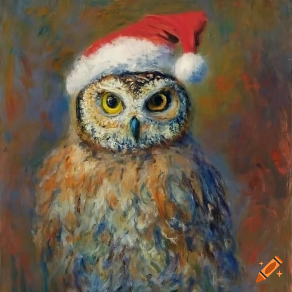 Claude monet painting of an old owl with a christmas hat on Craiyon