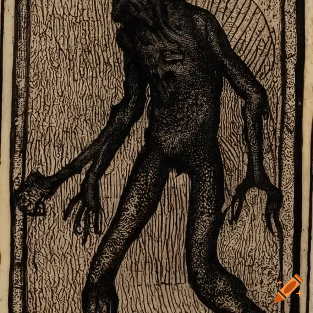 Medieval etching of a shadowy humanoid creature tormenting a village on ...