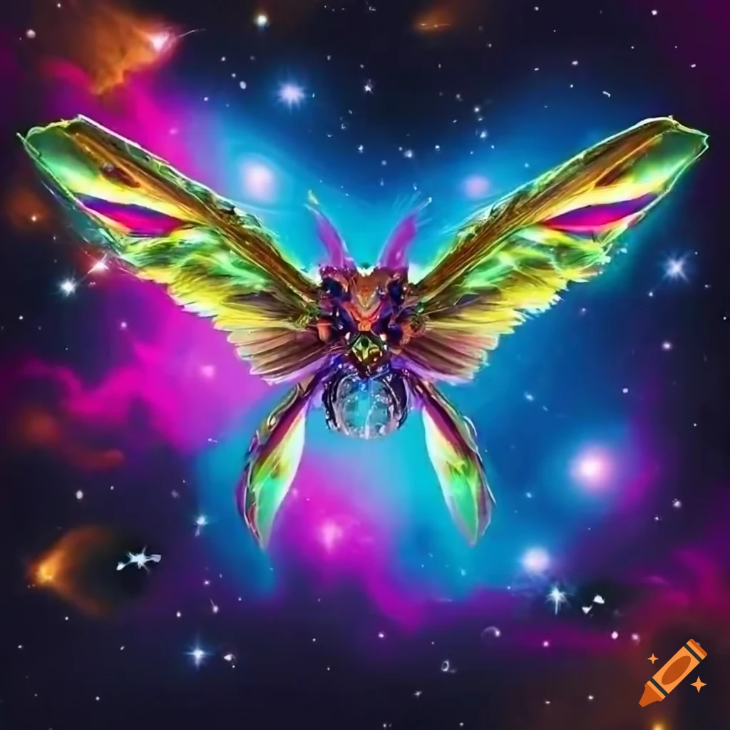 Robot creature with metallic wings soaring through colorful space ...