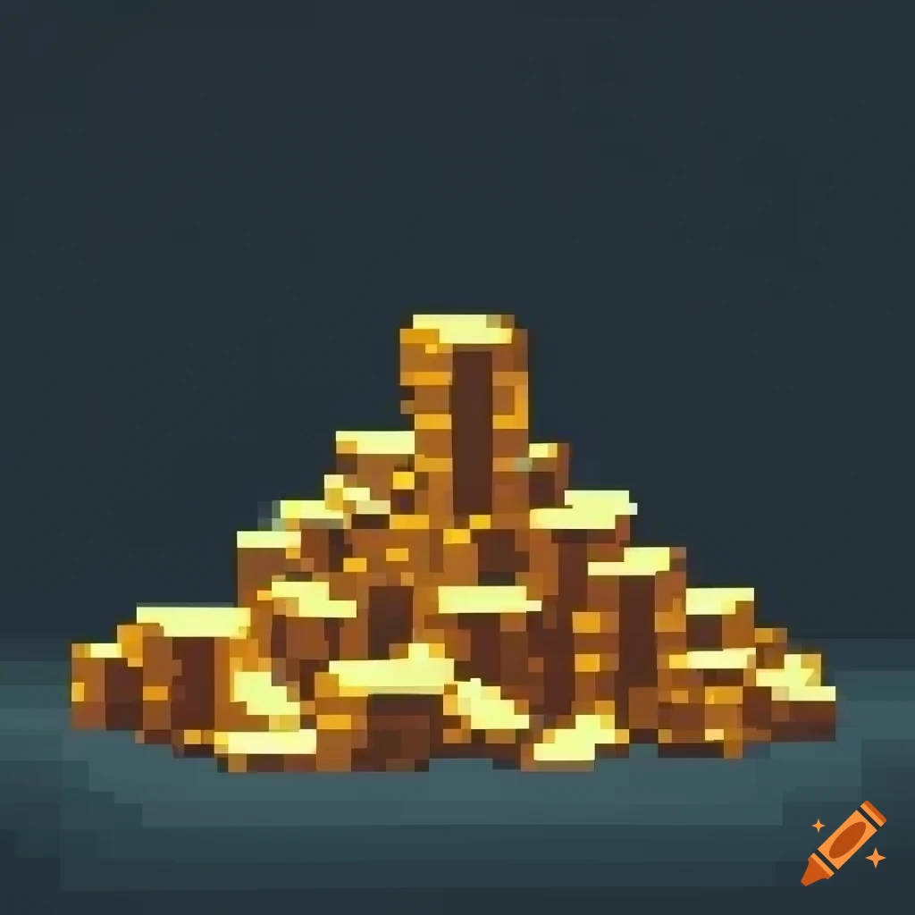 2D pixel art of piles of money and gold in a dark room on Craiyon