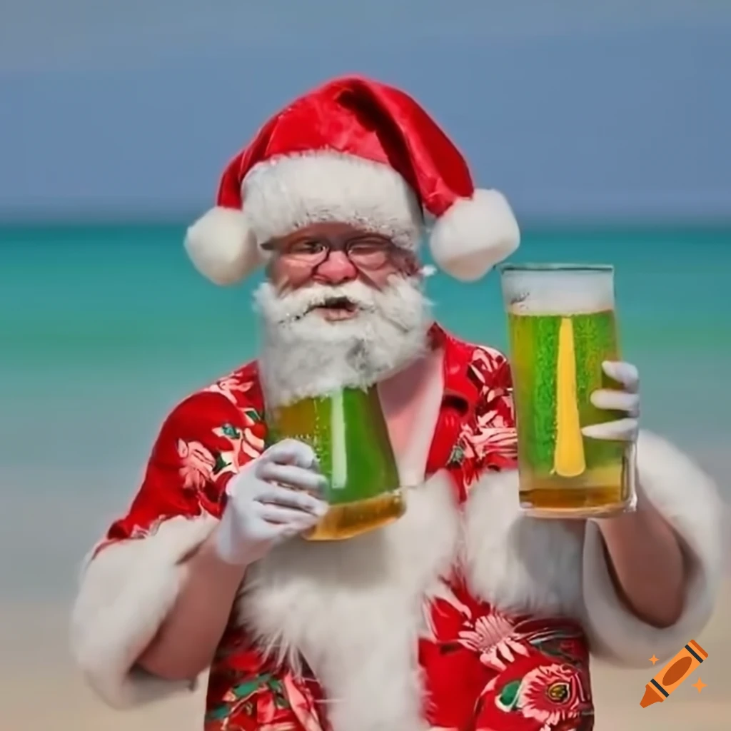 Santa in hawaiian shirt enjoying a beer on a tropical beach on Craiyon