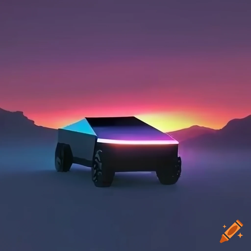 Tesla cybertruck in retro wave style under a sunset on Craiyon