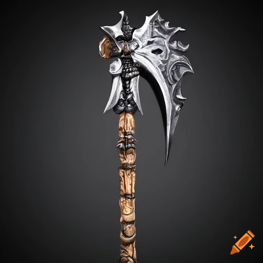 Detailed ornate battleaxe scythe hybrid melee weapon with sleek blade ...