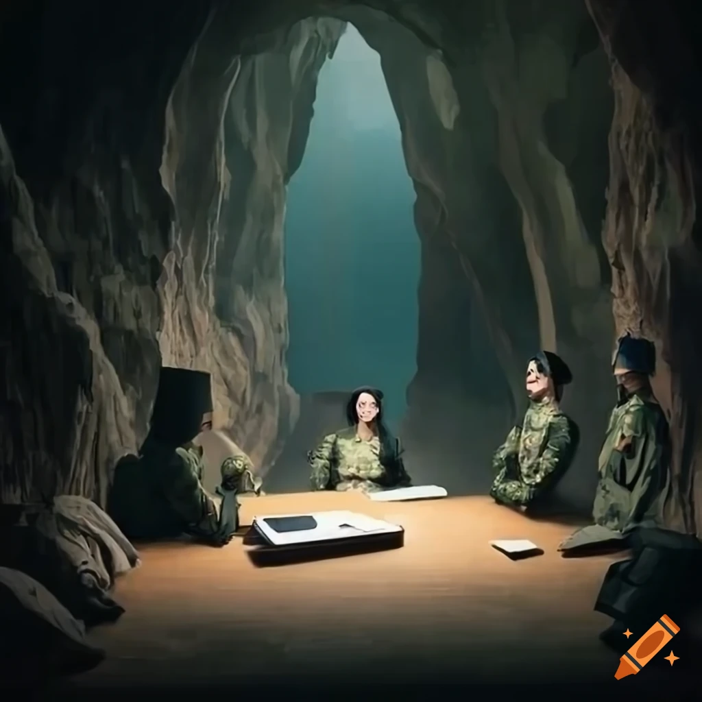 Office in a cavern with female military officers around a boardroom ...
