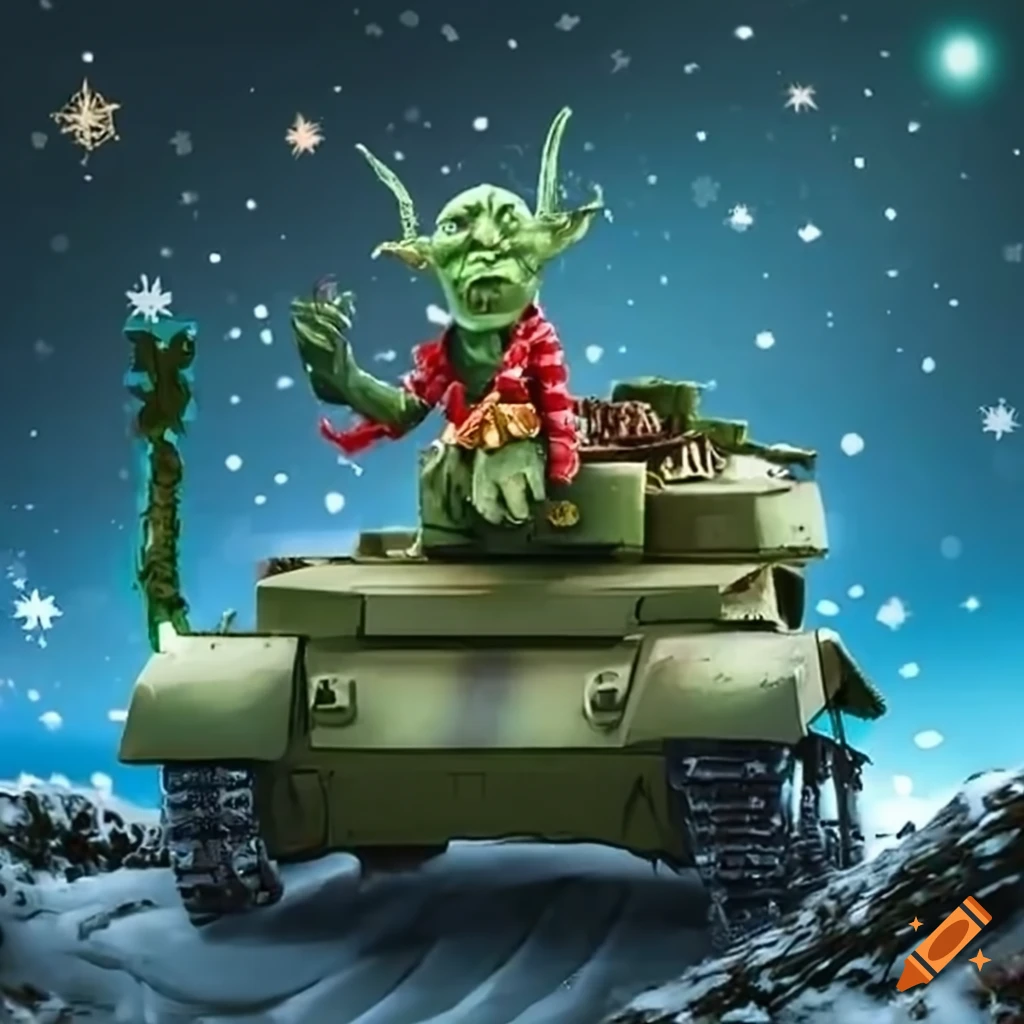Christmas goblin driving a festive military tank on Craiyon