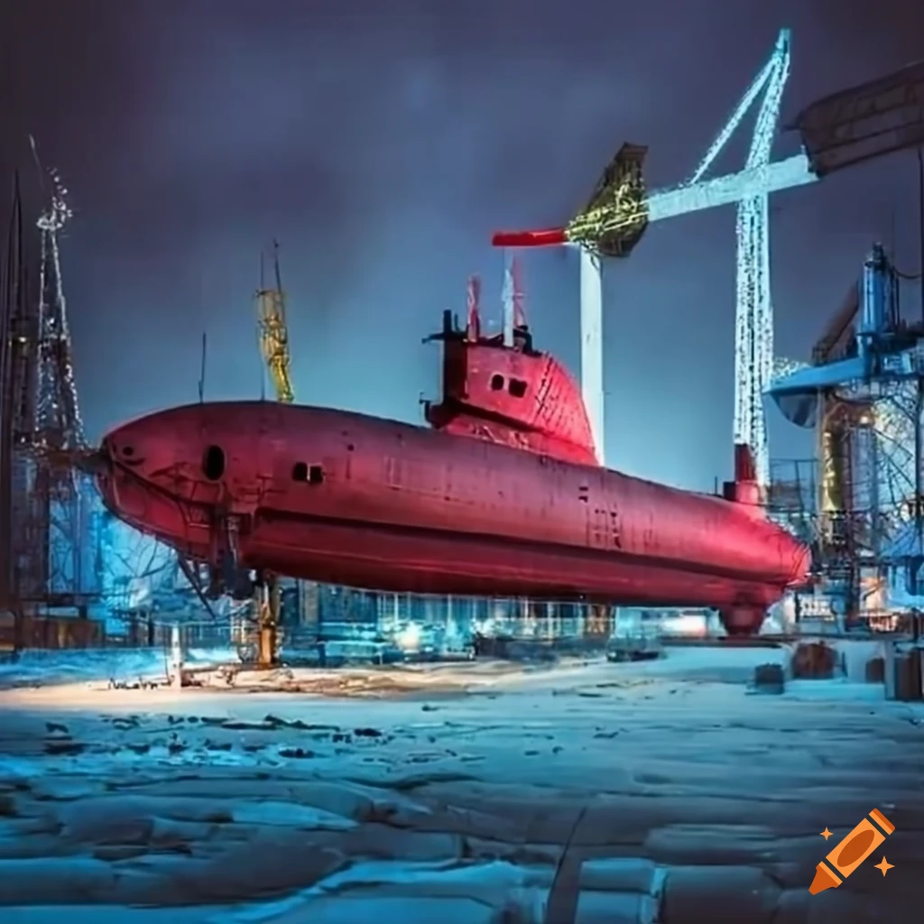 Red submarine in dry dock surrounded by construction cranes and ...