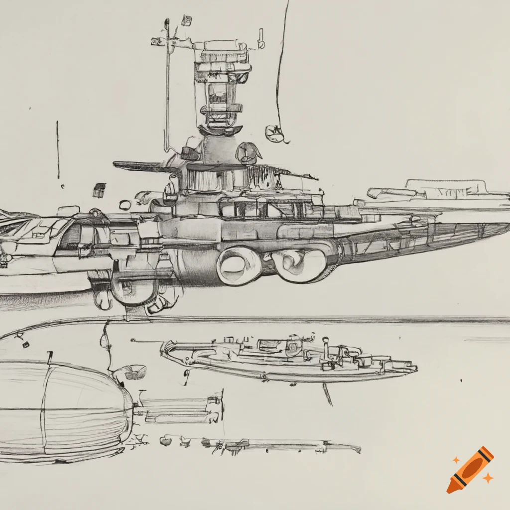 Bulbous shaped martian gunboat technical drawing in the style of hayao ...