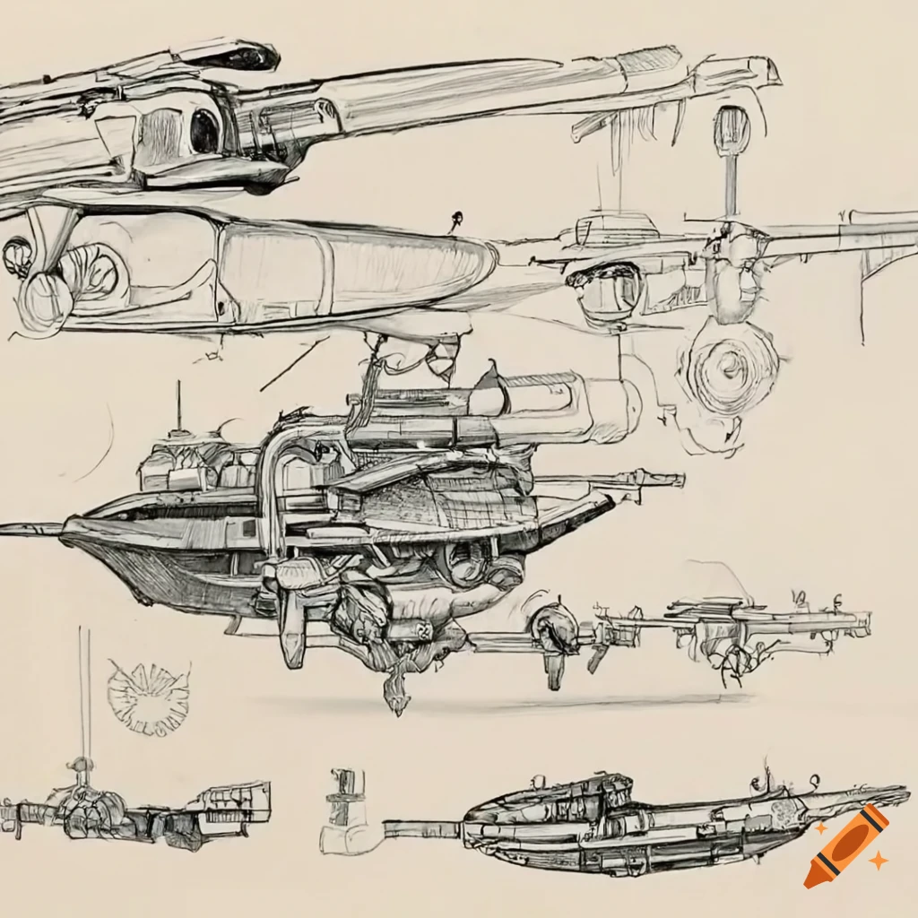 Bulbous shaped martian gunboat technical drawing in Ghibli style on Craiyon