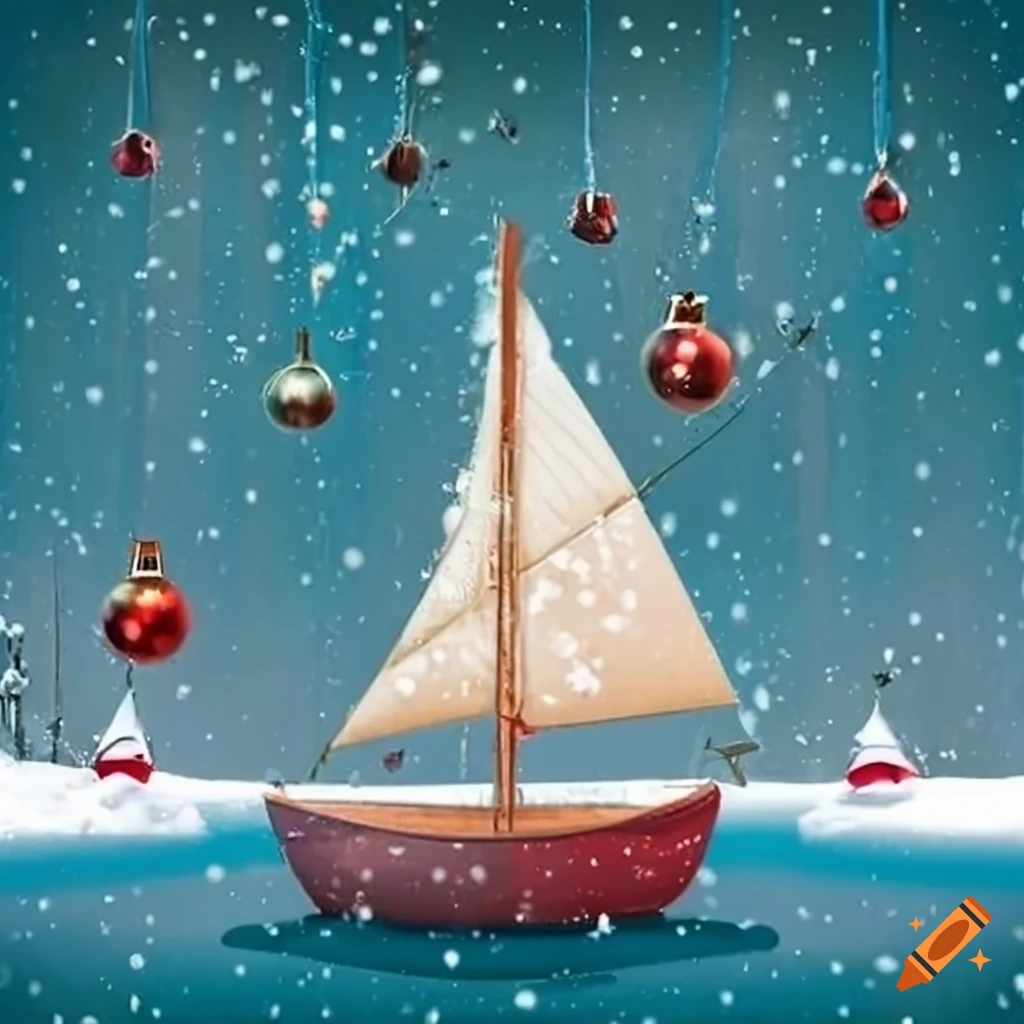 Sailboat on a lake with Christmas ornaments and falling snow on Craiyon