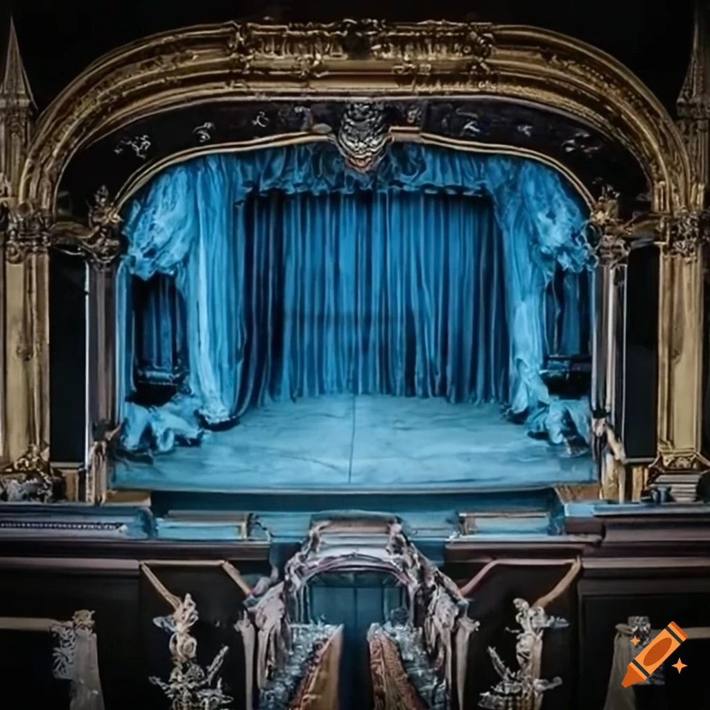 Theatrical funeral scene with eerie blue masks in an 1800s setting on ...