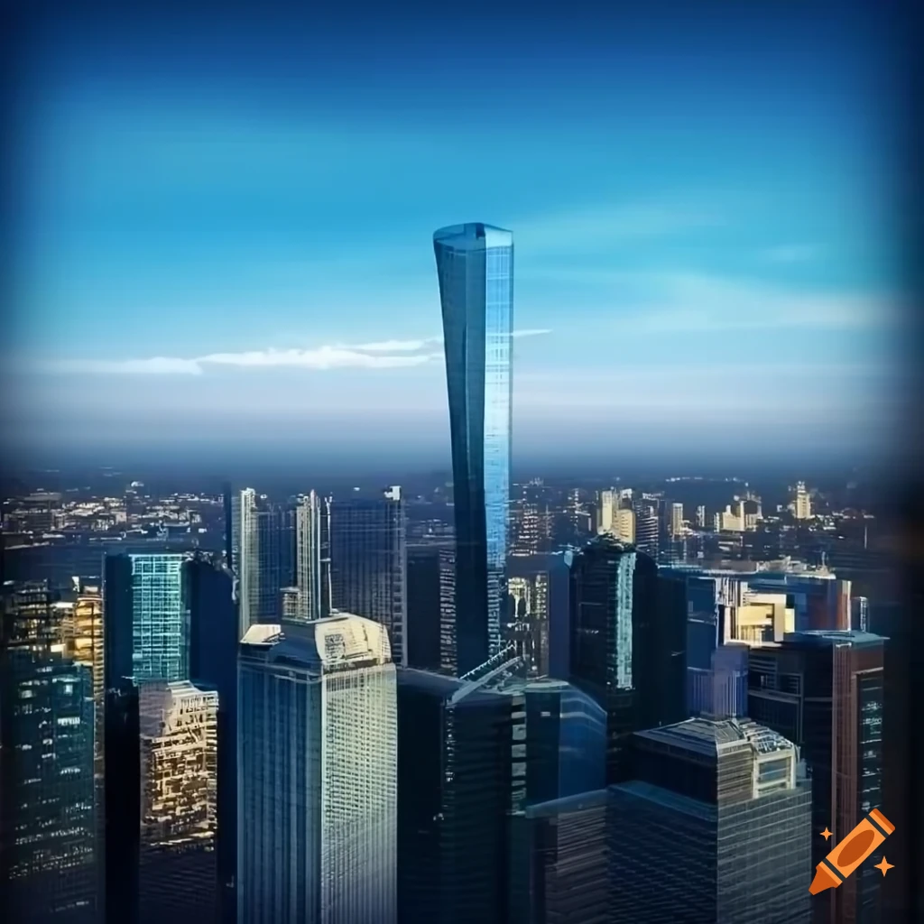 Tech-savvy glass tower with stunning city skyline in the background on ...