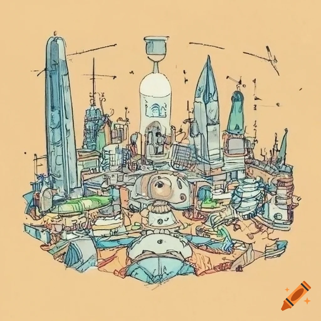 Technical drawing of a bulbous shaped martian city in Ghibli style on ...