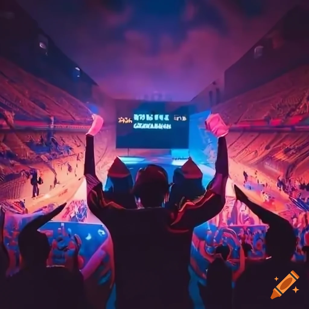 Intense esports betting match with cheering fans in the stadium on Craiyon