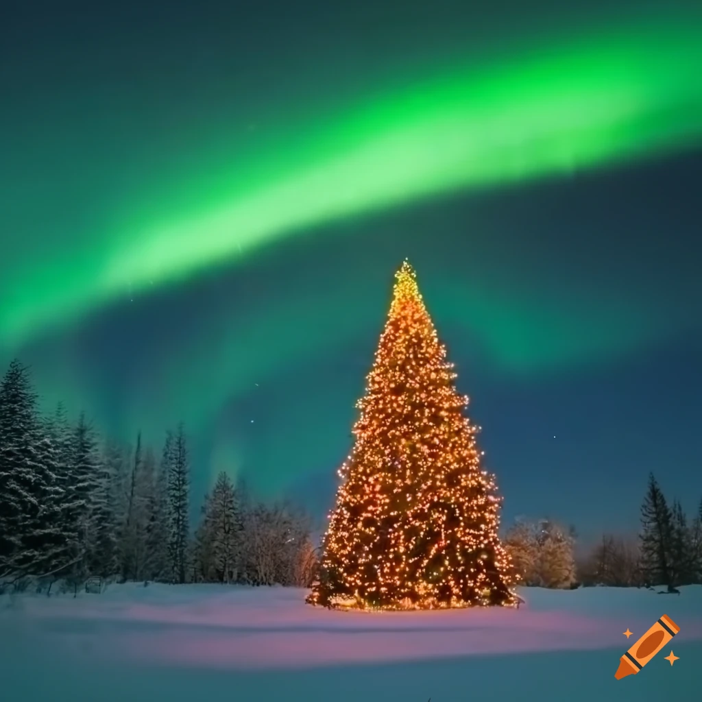 Christmas tree surrounded by aurora borealis on Craiyon