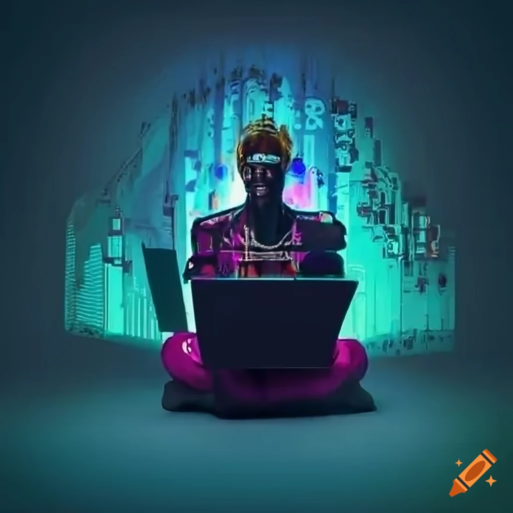 Man with dreads coding on a laptop in cyberpunk style on Craiyon