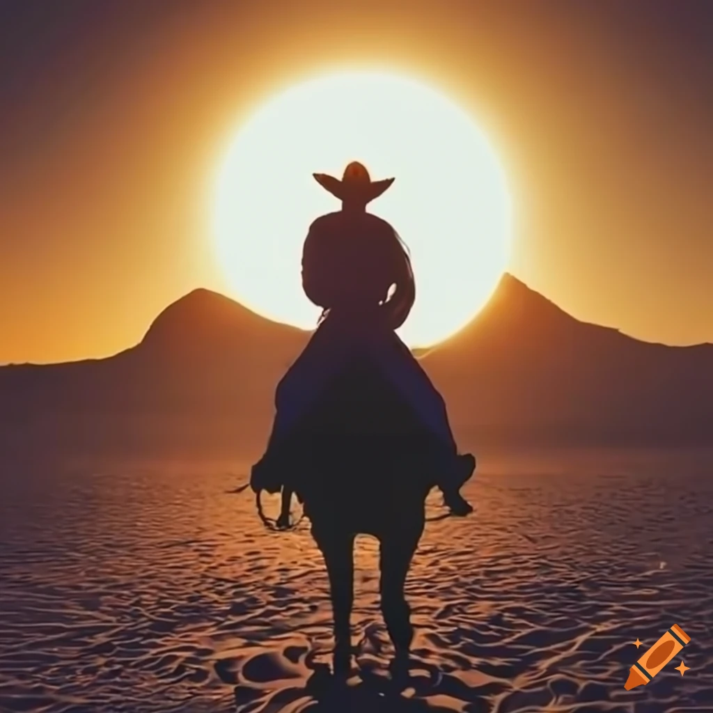 Cowboy riding towards solar eclipse in the texas desert on Craiyon