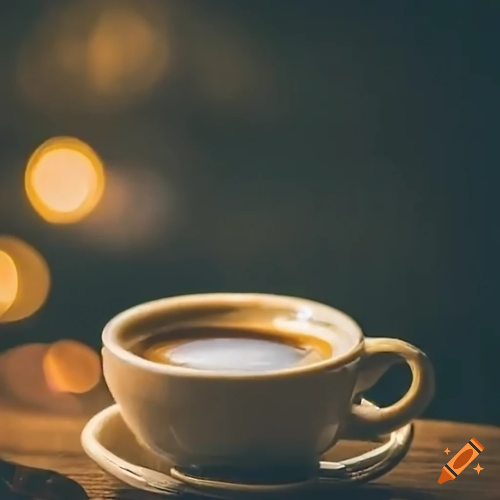 Cup of coffee on a wooden table in cinematic lighting on Craiyon