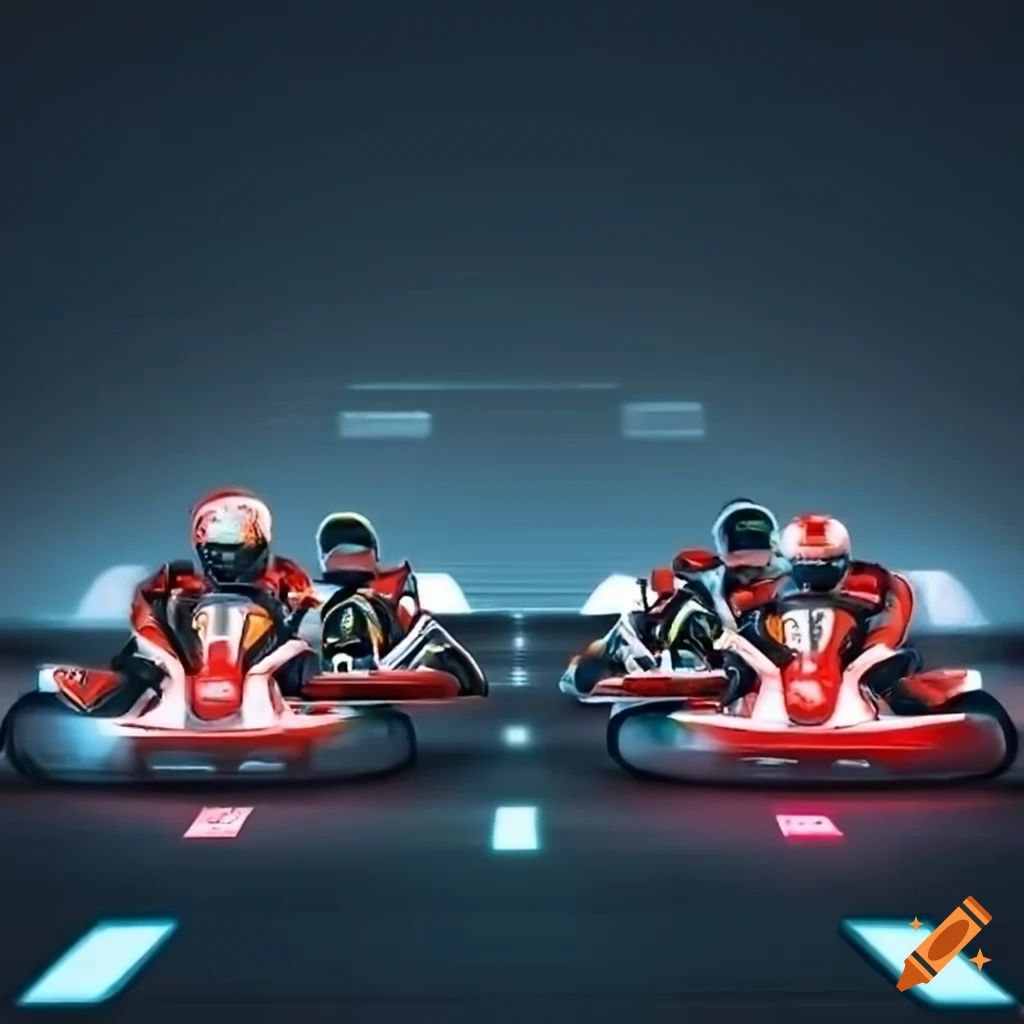 Four drivers racing karts on a futuristic racetrack on Craiyon
