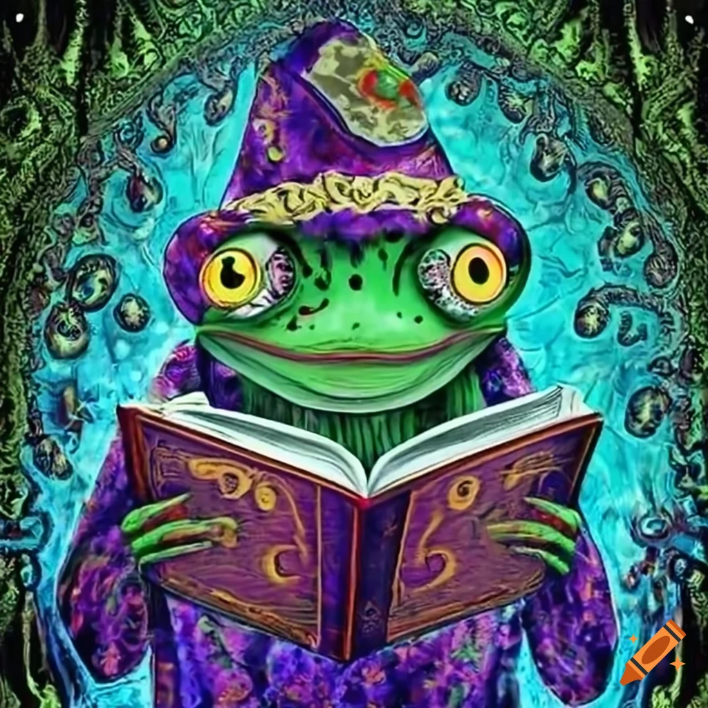 Psychedelic frog wizard reading from a spell book on Craiyon