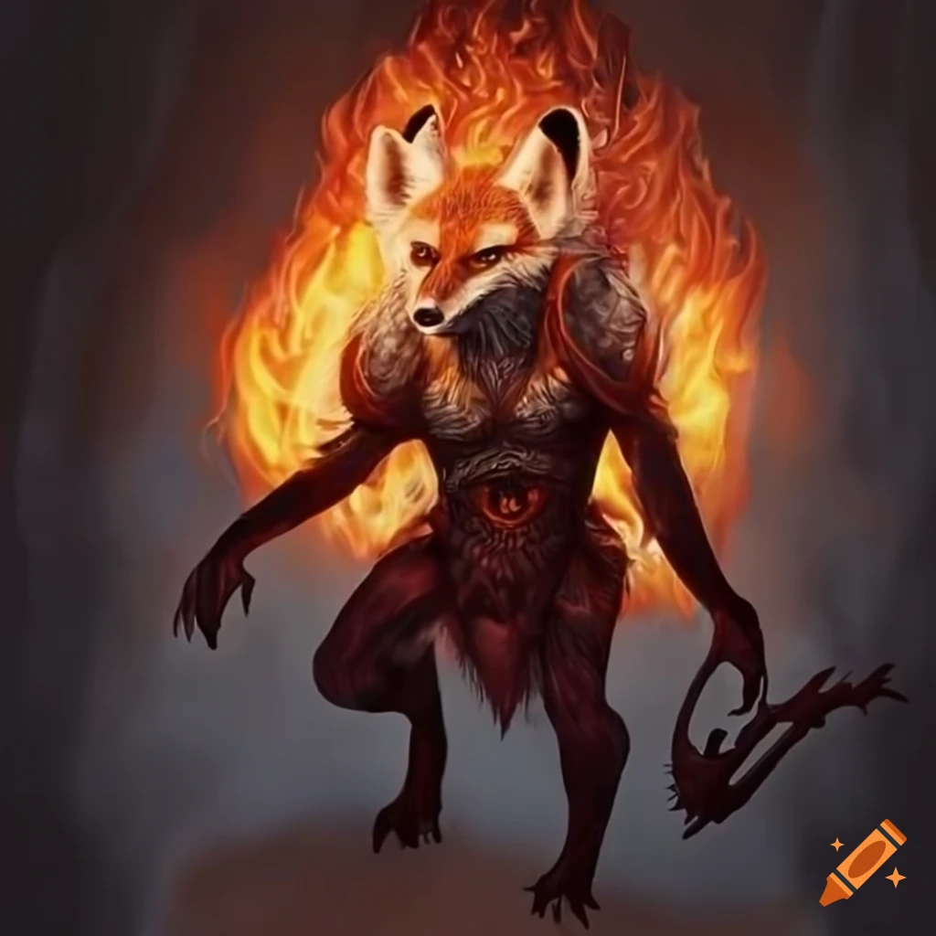 Detailed fire devils with fox heads and flames, styled like legend of ...