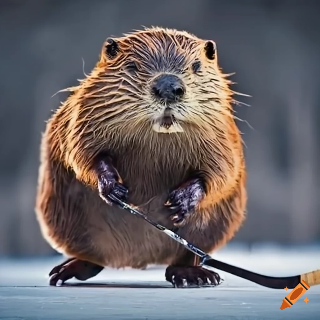 Beaver playing ice hockey in slap shot style on Craiyon