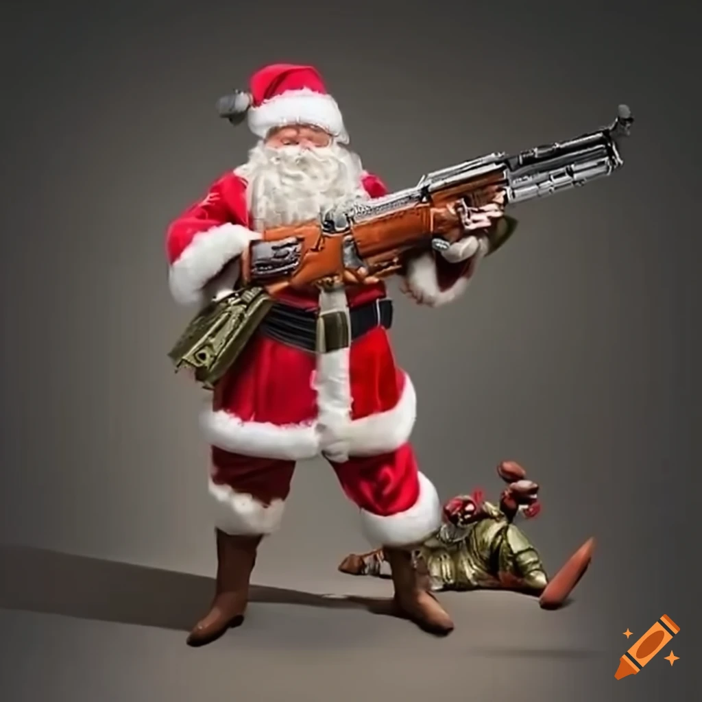 Santa claus and elves attacking army base with ak-47s on Craiyon