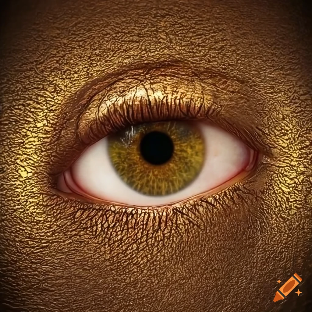 Engraved golden human eyes on metal wall with blood veins on Craiyon