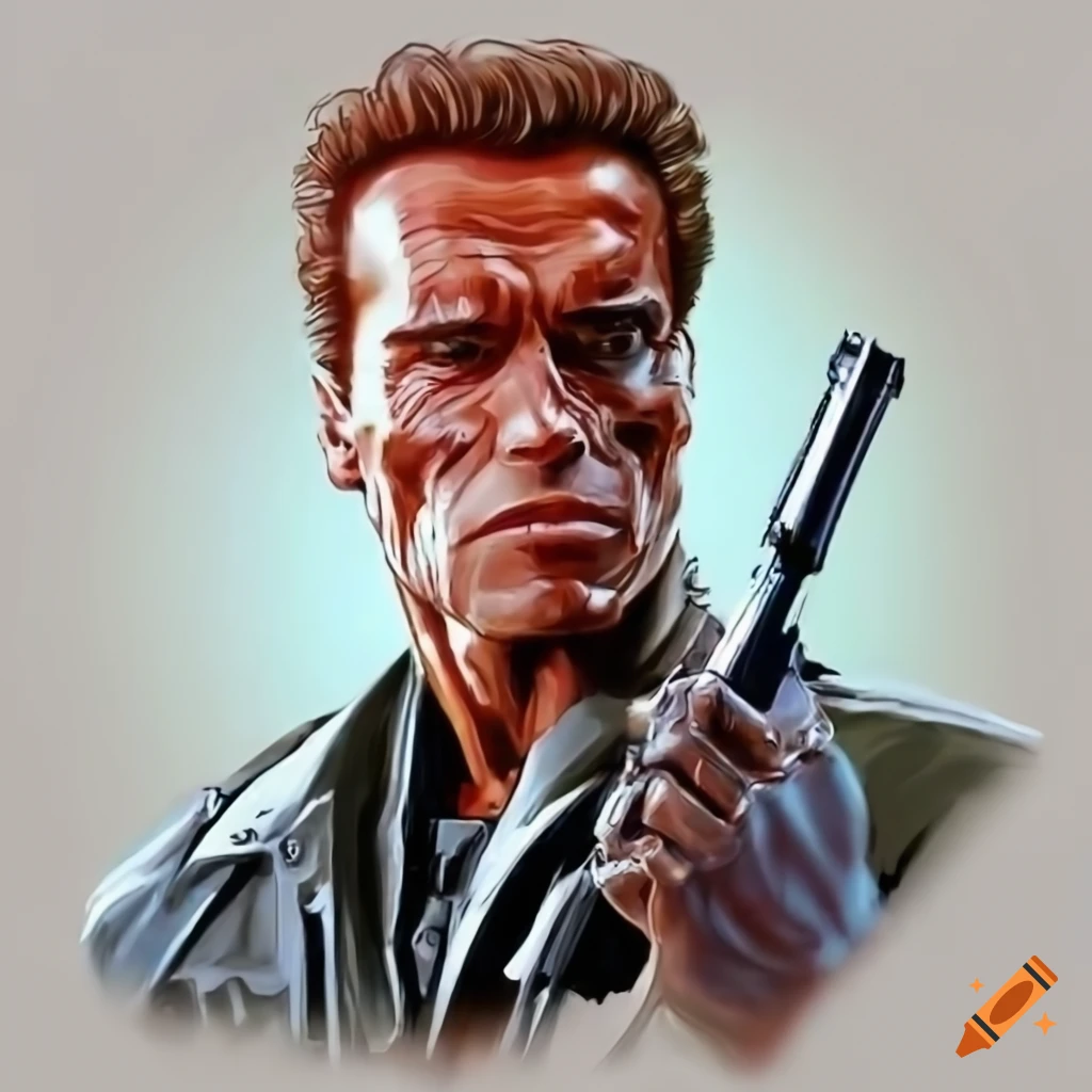 Caricature of Arnold Schwarzenegger as the Terminator with guns on Craiyon