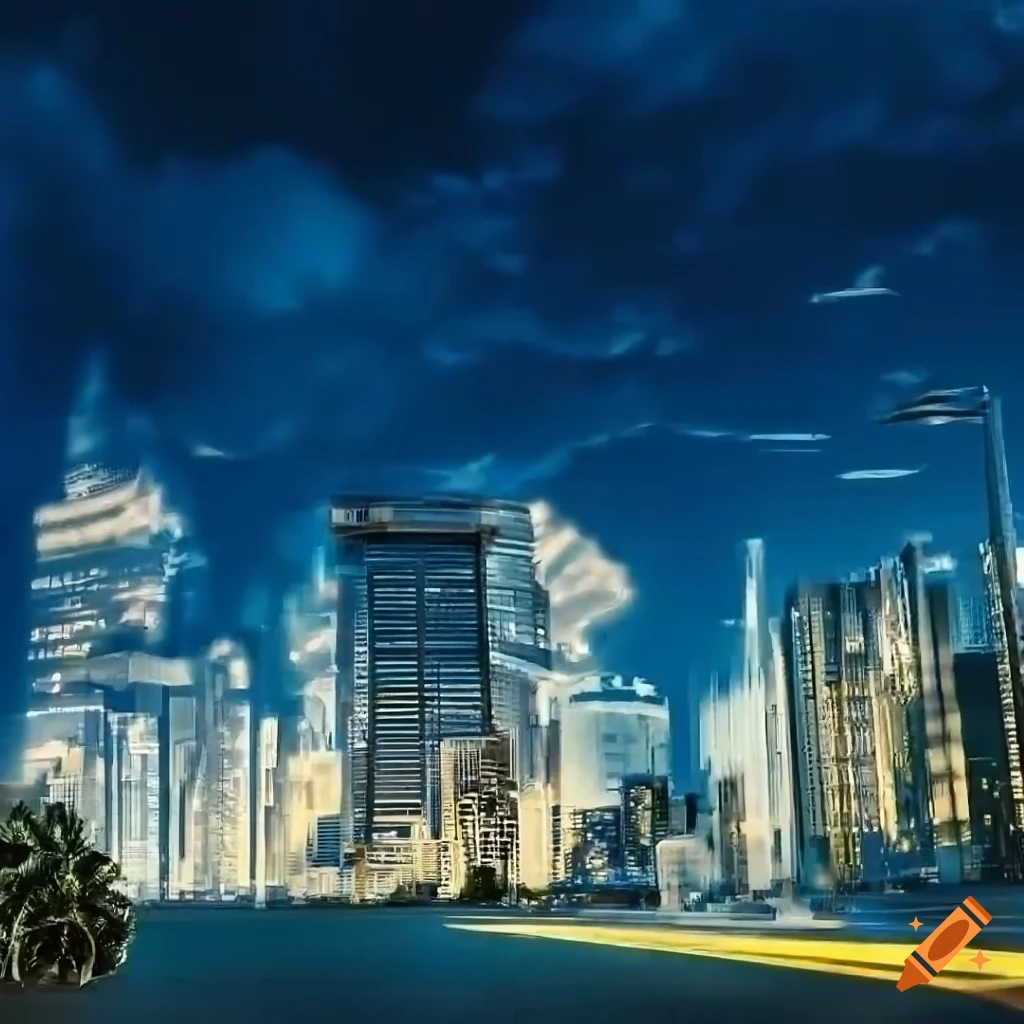 Futuristic city with tall buildings on hovering platforms at dusk on ...