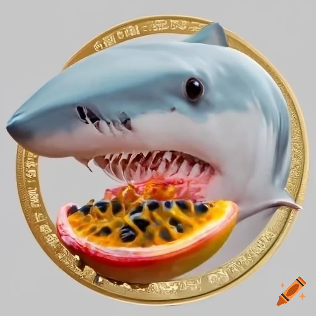 White shark eating a passion fruit on a gold coin against a white ...