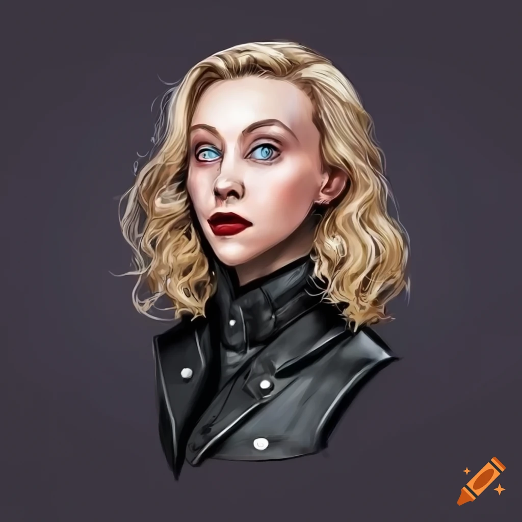 Comic book bust illustration of sarah gadon in a black leather coat on ...