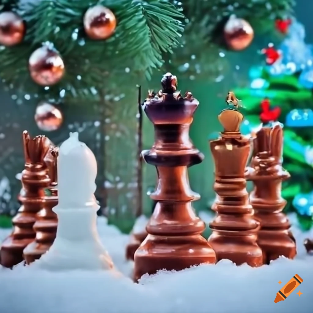 Chess pieces in front of a christmas tree in the snow on Craiyon