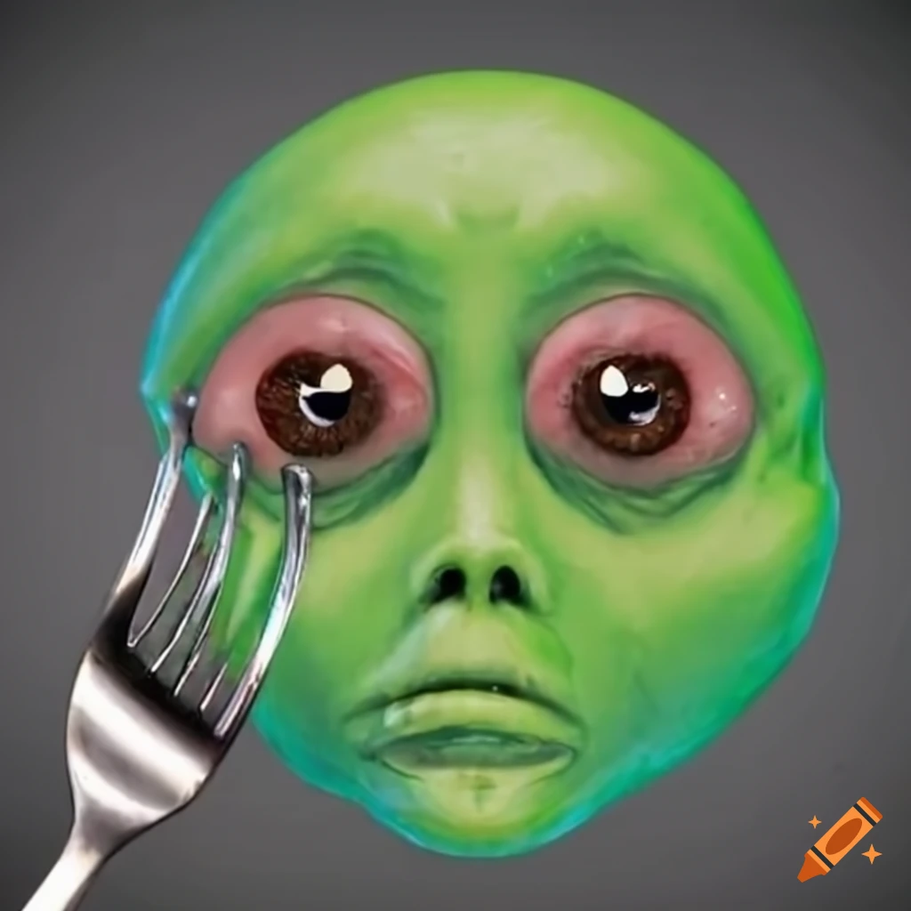 Green alien enjoying a large meatball with a fork on Craiyon