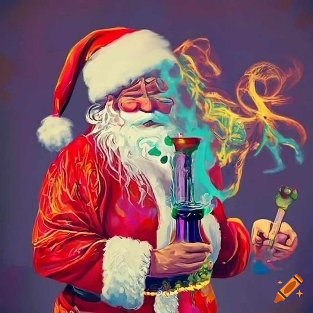 Colorful psychedelic Santa Claus and elves in Christmas poster art ...
