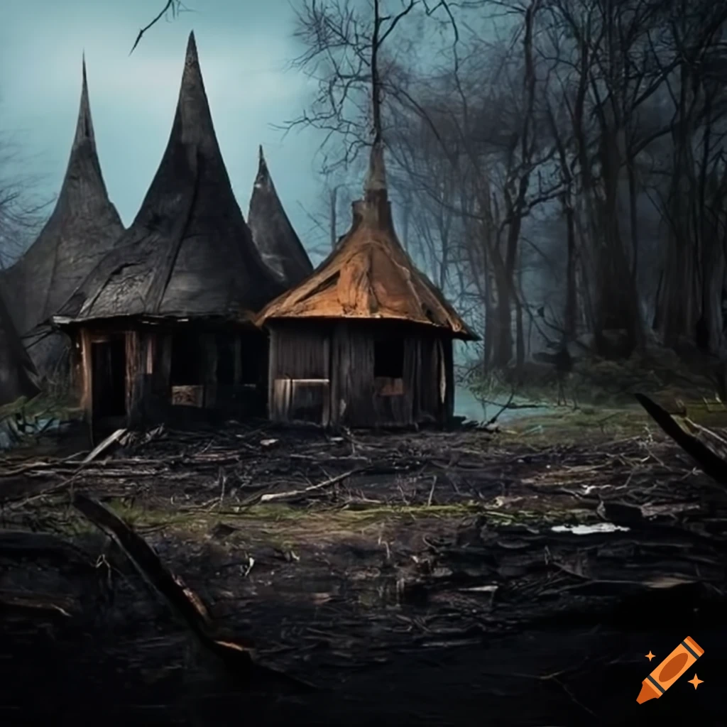 Group of primitive houses in a swamp on Craiyon
